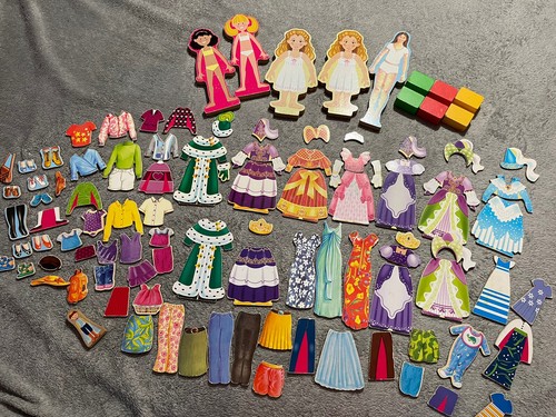 Lot 95+ Pcs Melissa Doug & Shure Wooden Magnetic 5 Dolls Clothes Princess Elise | eBay
