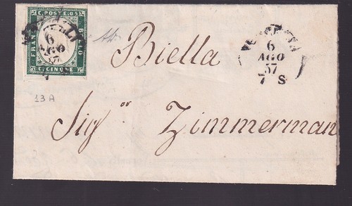 Sardinia 1857 IV Issue 5 C. Myrtle Green Isolated On Small Letter 220/ ...