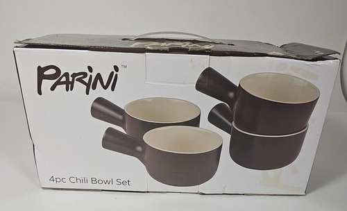 Parini 4pc Chili Bowl Set w/ Handle Ceramic Brown Cream Cookware NIB ...
