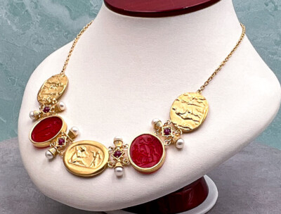 TAGLIAMONTE (SH504N-Red) 18K Cameo Necklace*31.8GM*Rubies,Pearls*Reg ...