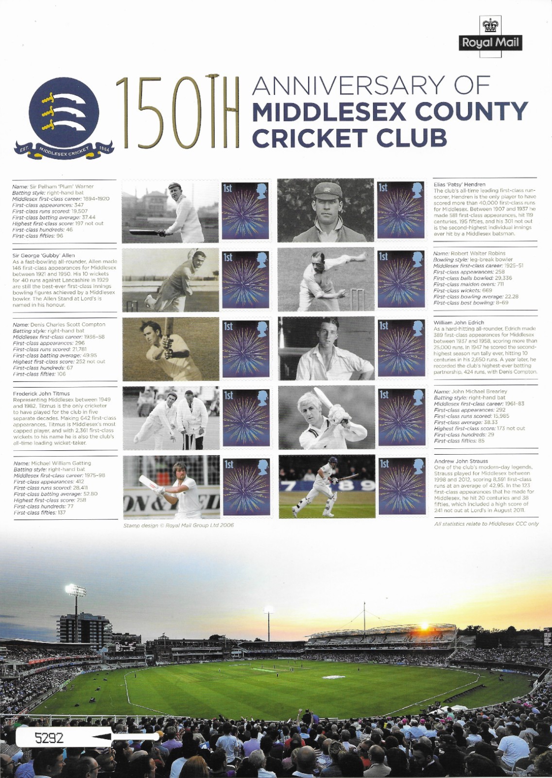 GB 2014. CS23. 150th ANNIV. MCC COUNTY CRICKET SMILER SHEET. NO.5292 ...