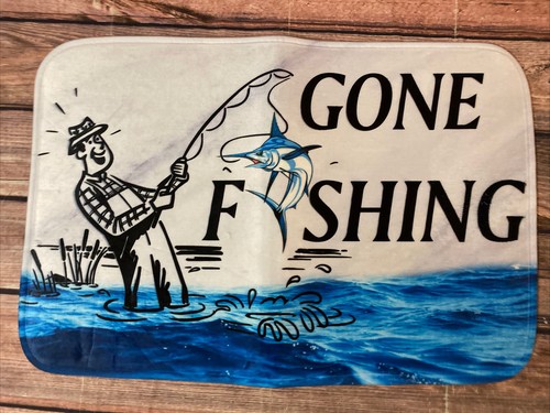 Adelaras Gone Fishing Welcome Mat 16 x 24 Colorful Blue Black White ...