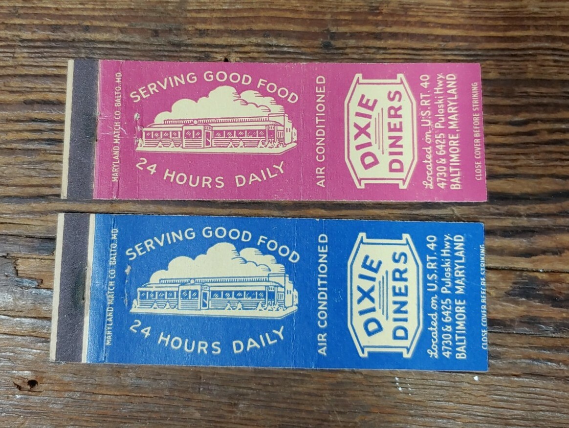 Vintage Lot of 2 Dixie Diners Matchbook Route 40 Baltimore Maryland MD ...