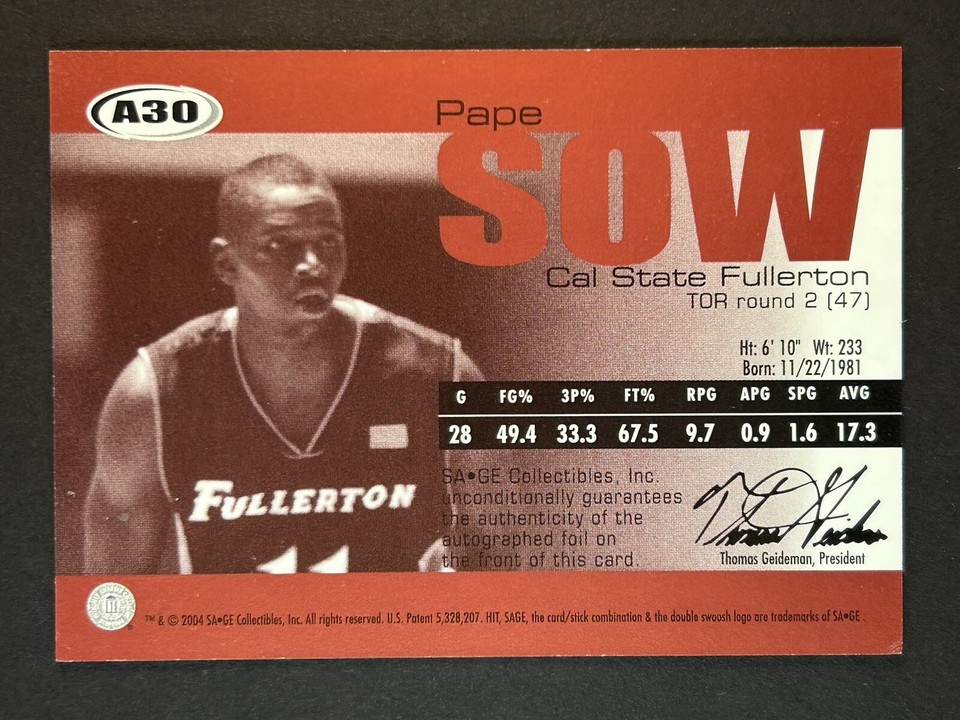 2004-05 Sage Auto Basketball Authentic Auto /510 Pape Sow #A30 Rookie ...