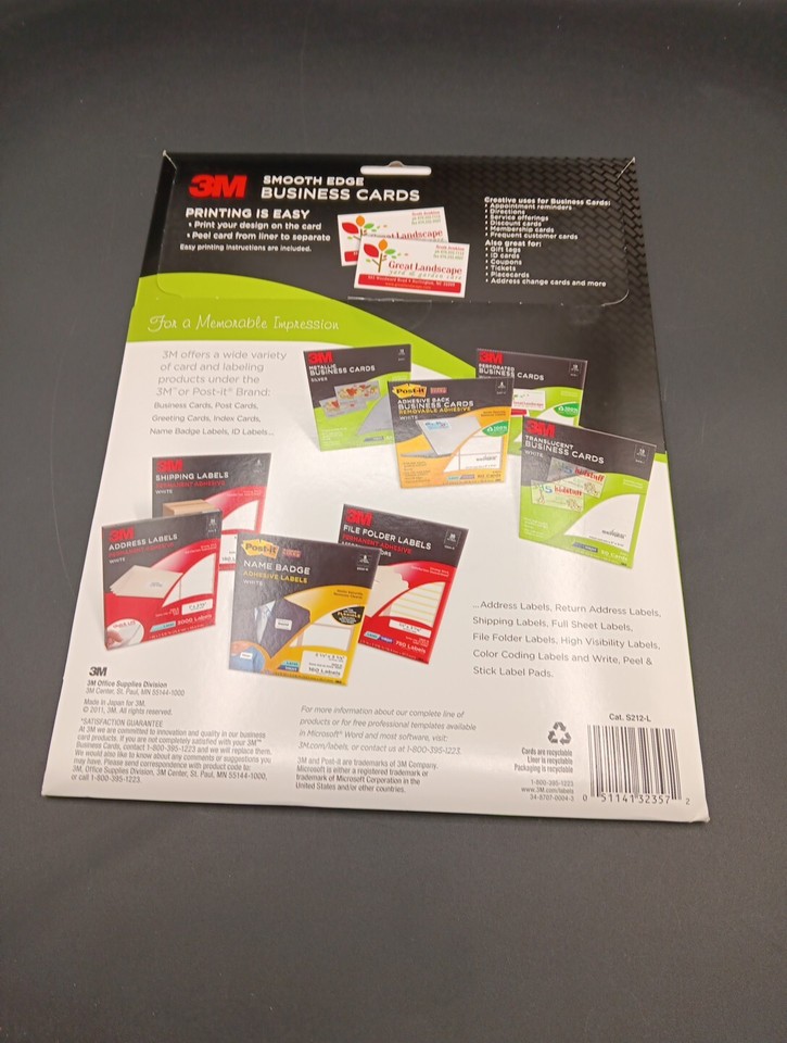 3M Smooth Edge White Business Cards 2 x 3.5 Laser Green 10 Pk S212-L ...