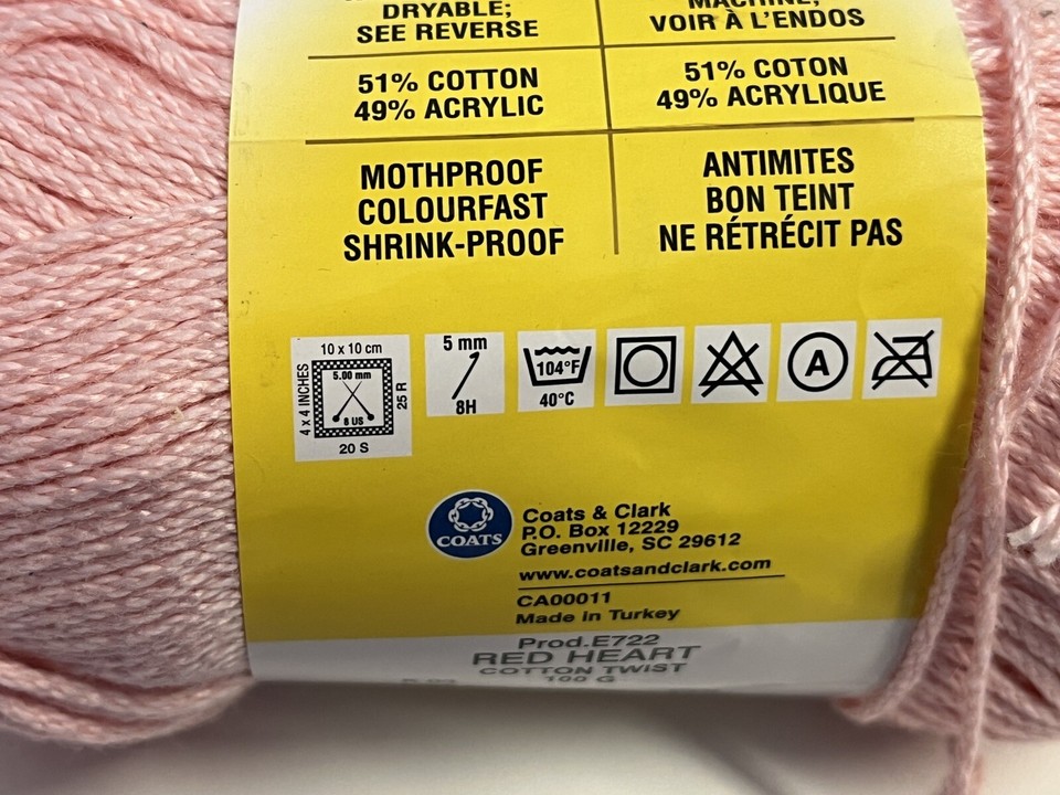 Red Heart Cotton Twist yarn color 3706 Light Pink 1 full skein | eBay