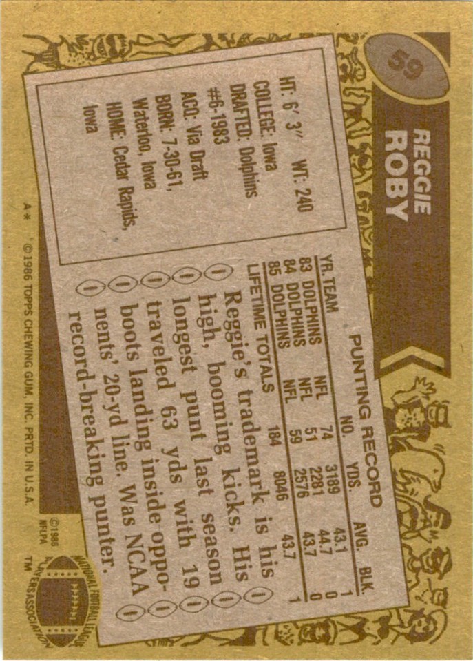 1986 TOPPS^ REGGIE ROBY. MIAMI DOLPHINS #59 | eBay