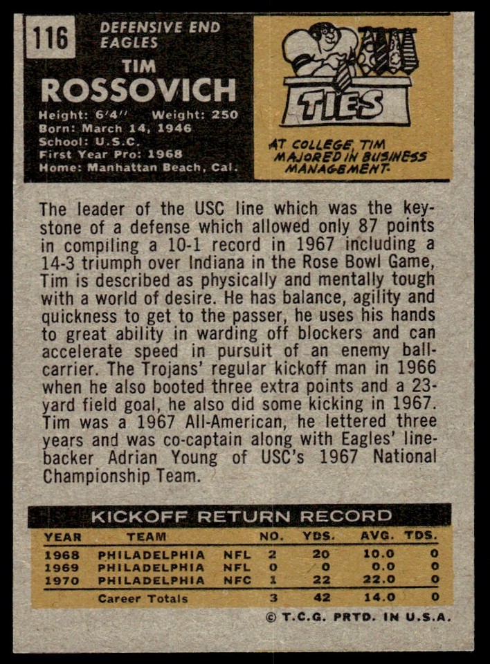 1971 TOPPS TIM ROSSOVICH PHILADELPHIA EAGLES #116D | eBay