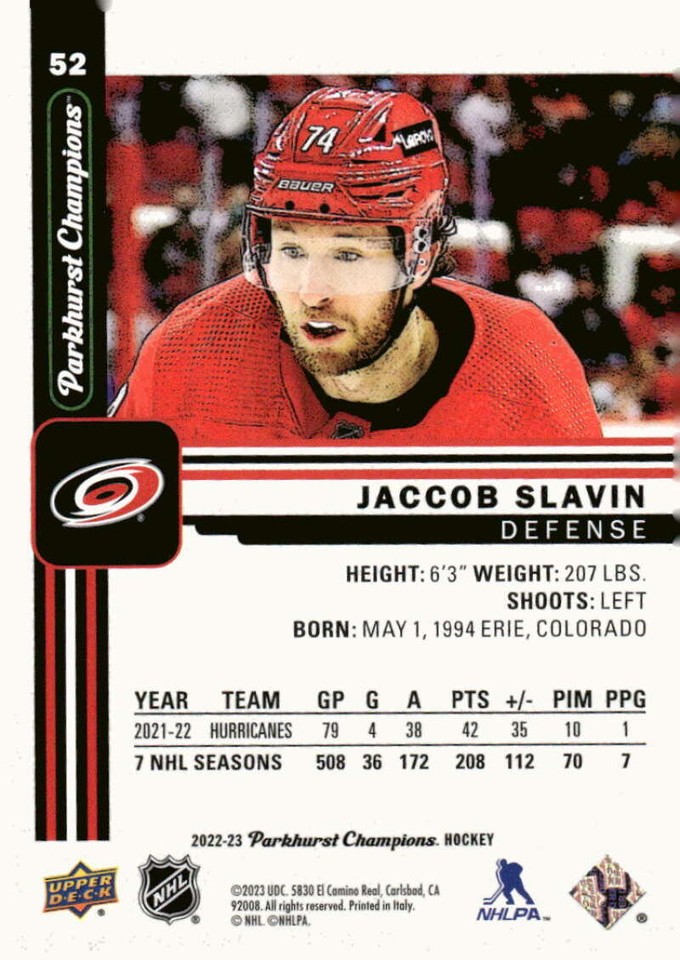 2022-23 Upper Deck Parkhurst Champions #52 Jaccob Slavin Carolina ...