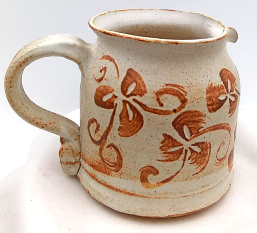 Primitive Pottery Pitcher Handle Spout Handmade Tan Brown Floral Round ...