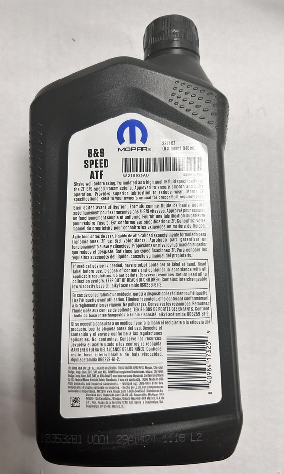 Mopar 8&9 Speed ATF fluid For 8/9 Speed Transmissions 68218925AB ZF | eBay