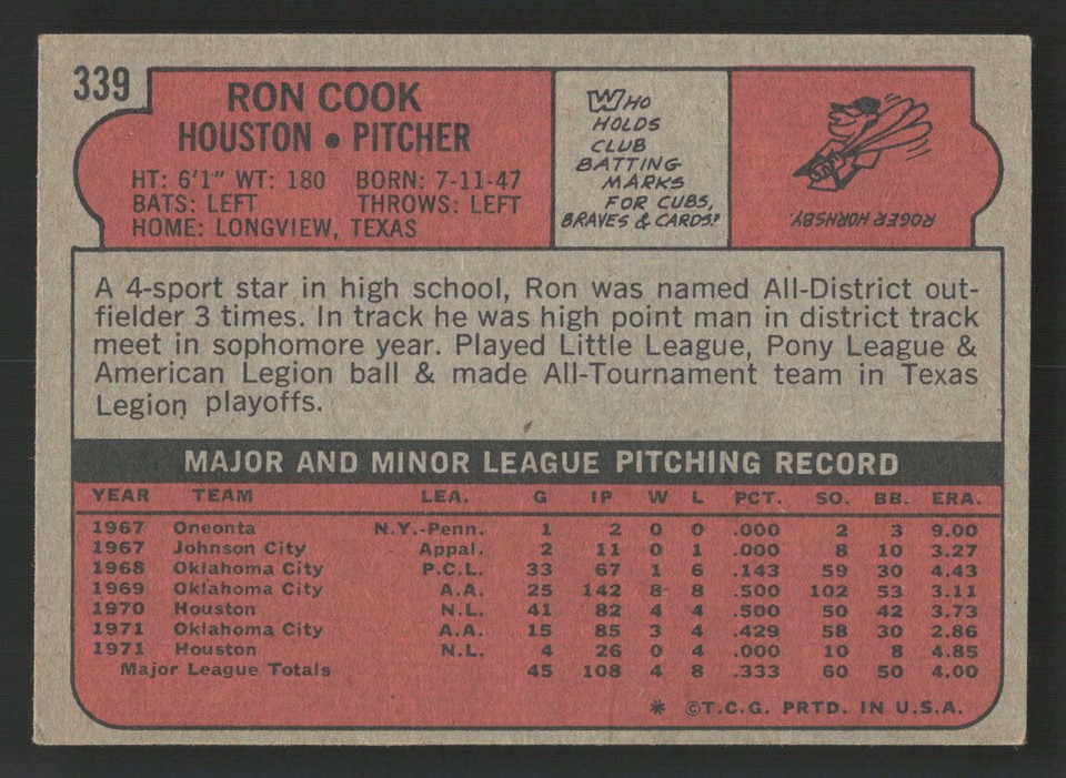 Ron Cook 1972 Topps #339 Houston Astros VG-EX WR {0610 | eBay