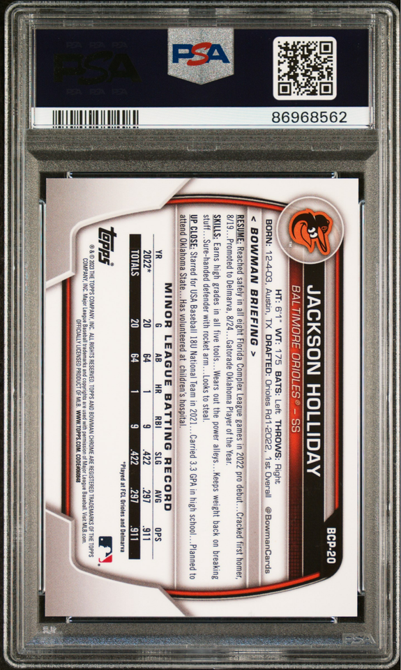 Jackson Holliday 2023 Bowman Chrome Sapphire Aqua Rookie Card RC 08/55 ...