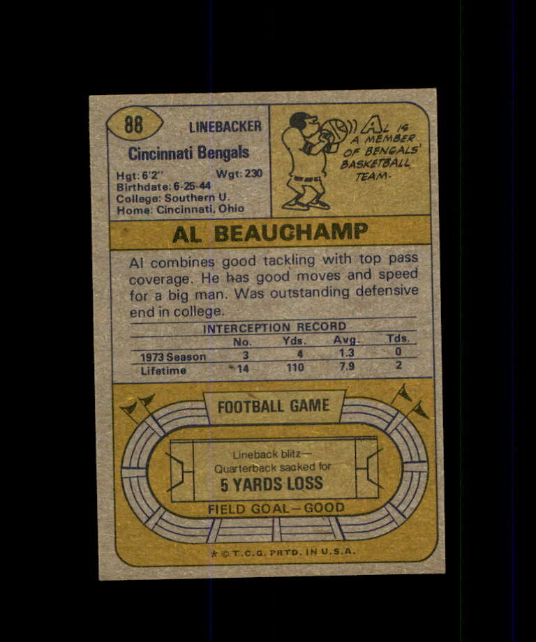 1974 TOPPS FOOTBALL CARD CINCINNATI BENGALS #88 AL BEAUCHAMP NR.MINT ...