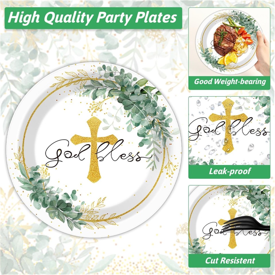 200 PCS Baptism Plates Napkins Set God Bless First Holy Communion Serve ...