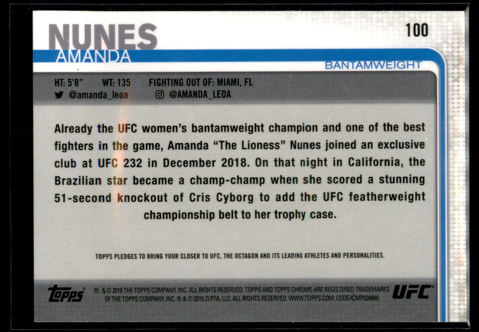 2019 Topps UFC Chrome MMA Base Set #100 Amanda Nunes - Bantamweight | eBay