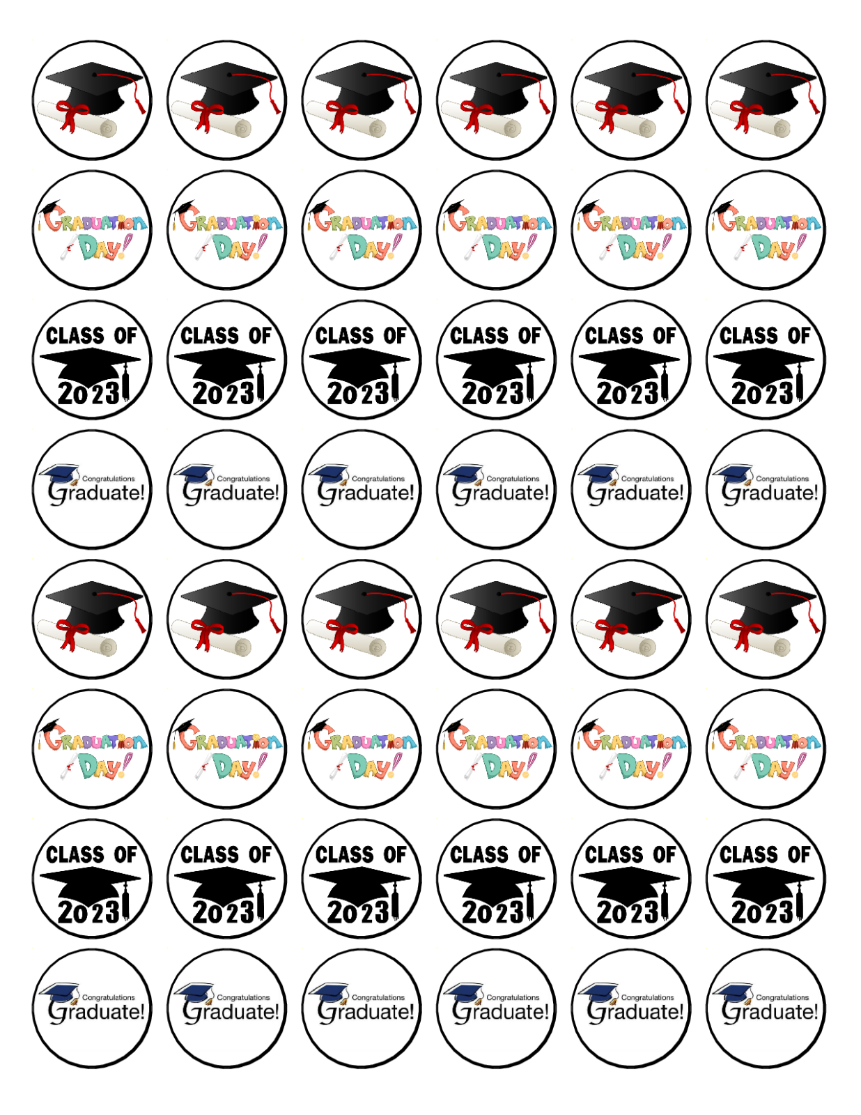 48 x 30mm Graduation Round Rice Paper Cup Cake Toppers Congratulations ...