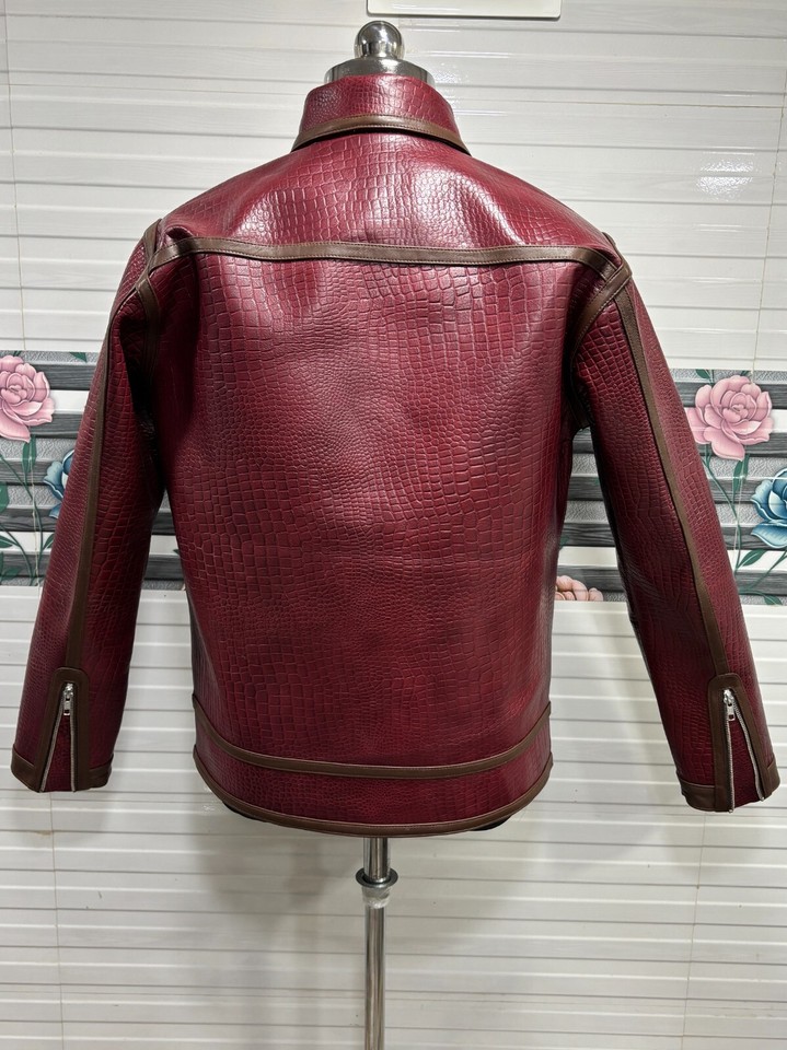 Men's Genuine Cowhide Leather Croc Embossed Maroon Jacket Moto Biker ...