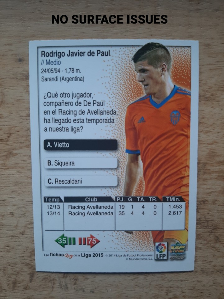 2014 2014-15 Mundicromo Quizz RODRIGO DE PAUL ROOKIE Card RC #204 ...