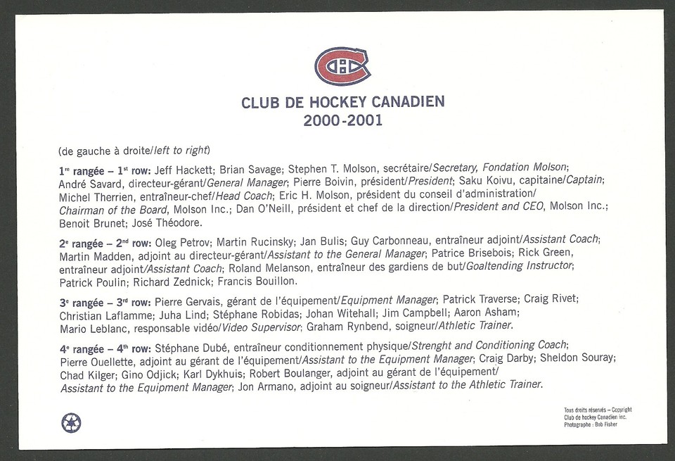 Montreal Canadiens 2000-2001 Team Issued Card Stock Hockey Photo Saku ...