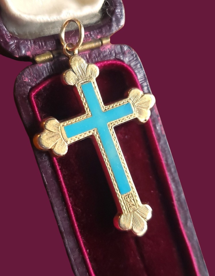 Antique Victorian Blue Enamel , Emerald, Engraved 14K Gold Cross ...