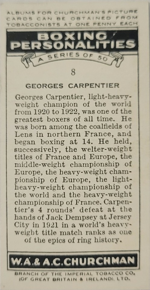 1938 Churchman's Boxing Personalities #8 Georges Carpentier - HOF (P ...