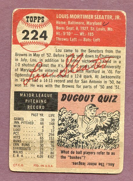 1953 TOPPS #224 LOU SLEATER SENATORS PR-FR SET BREAK 483227 (KYCARDS ...