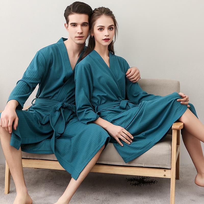 Cotton Grid Lace Up Pocket Couples' Thin Bathwear Bathrobe Sleep Robe Dress Gown | eBay