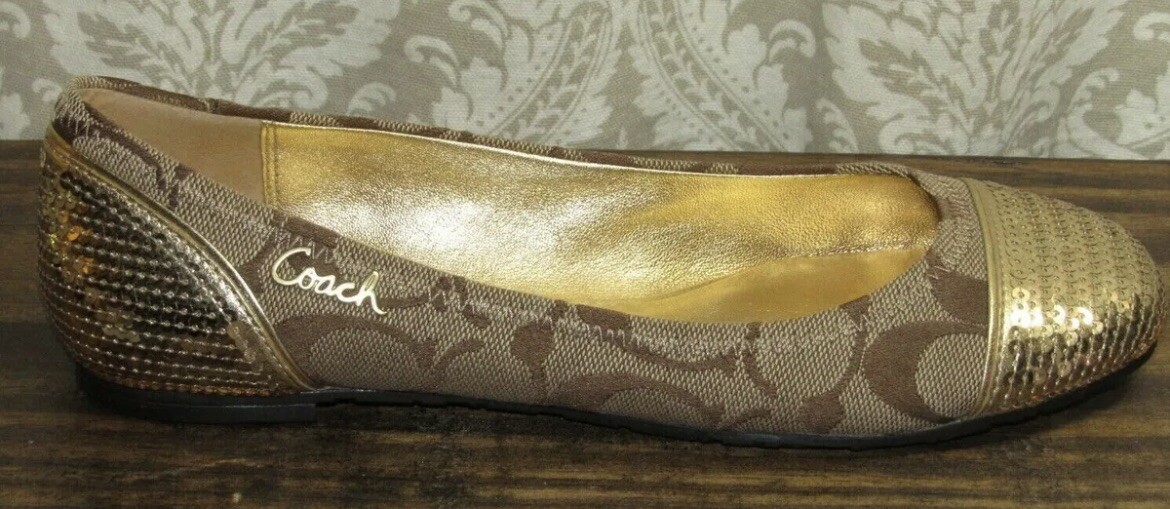 COACH Gold C Pattern SHINE Ballets Flats Shoes Womens… - Gem