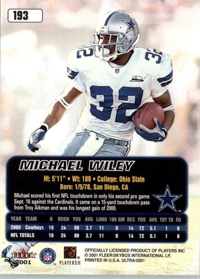 2001 Fleer Ultra Football #193 Michael Wiley - Dallas Cowboy | eBay
