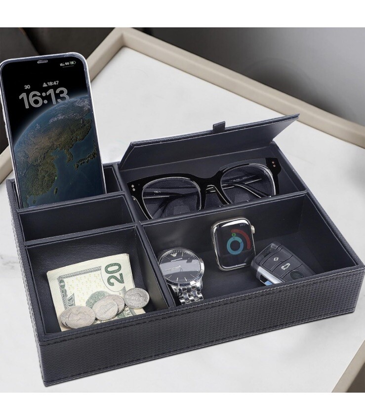 Men's Valet Tray Organizer Leather Storage Box w/ 5 Compartments for 8 ...