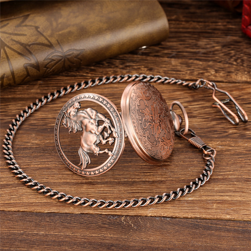 Red Copper Horse Quartz Pocket Watch with Necklace Pendant Chain for ...