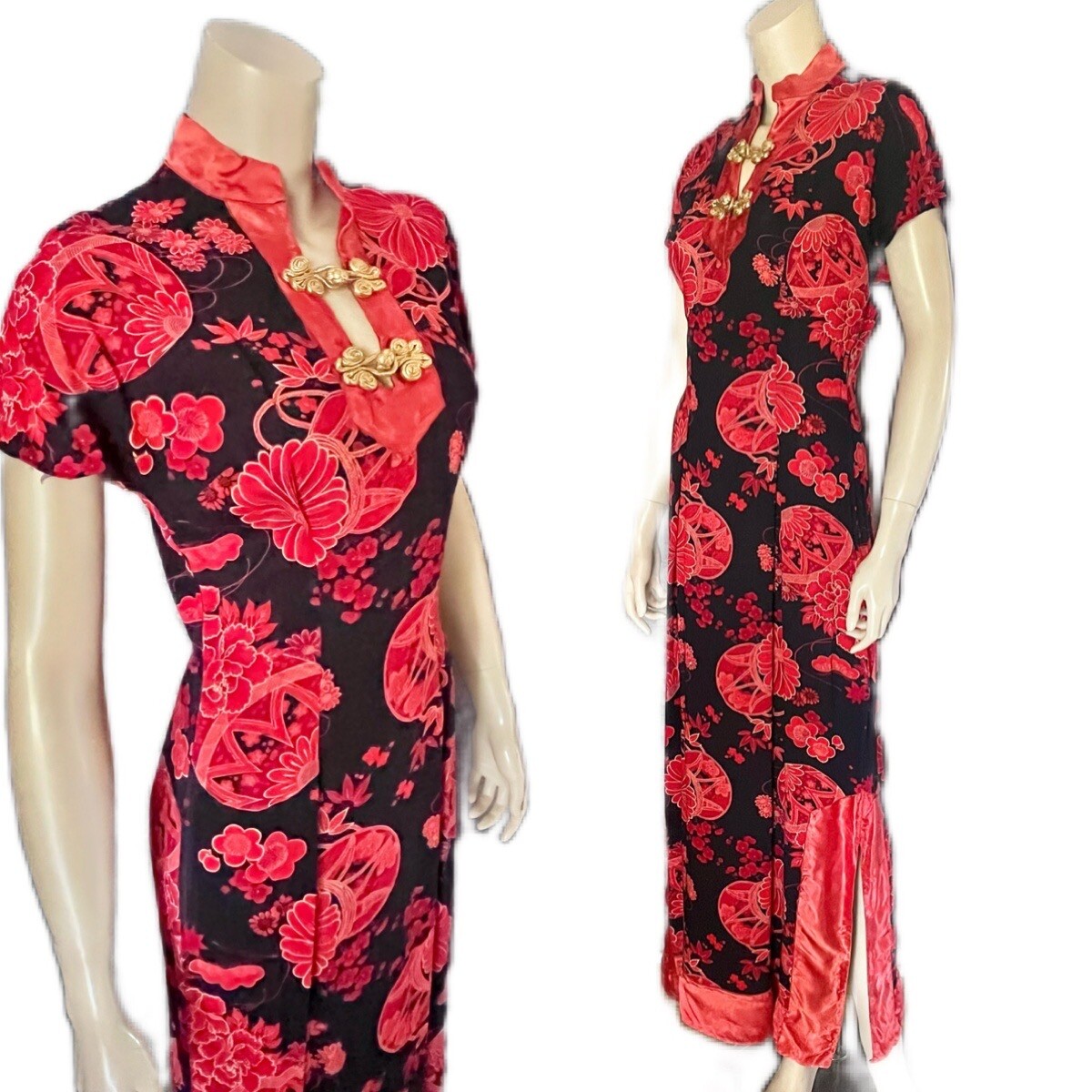 1940s, 1950s Floor Length Cotton Cheongsam, Red & Bla… - Gem
