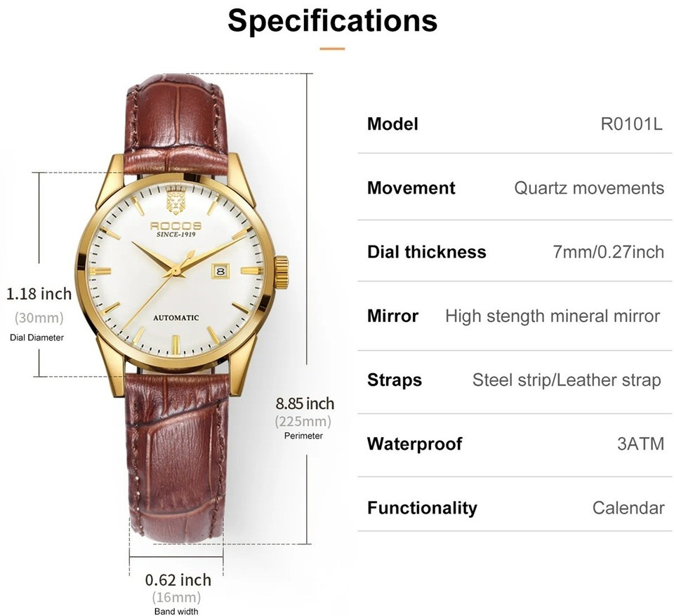 New Roco's Men's Luxury Quartz Movement Gentlemen's Watch - Gold With ...