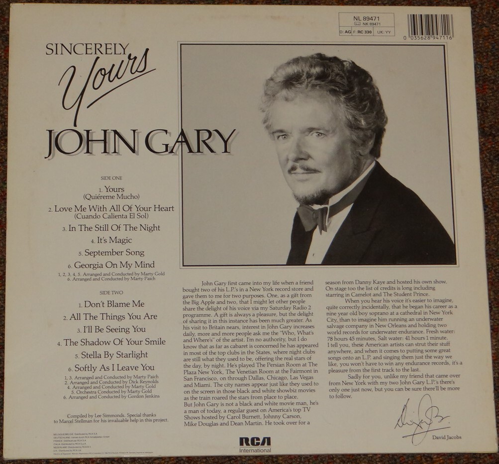 "Sincerely Yours" John Gary Record LP Germany 1984 Autographed/Signed VG+/VG++ | eBay