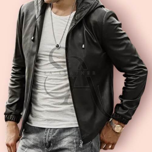 Men's Black Leather Full Zipper Hoodie Genuine Lambskin Leather Hoodie ...