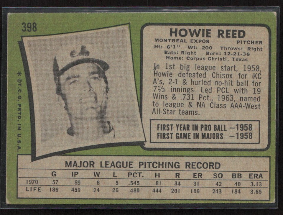 1971 Topps Howie Reed #398 Montreal Expos | eBay