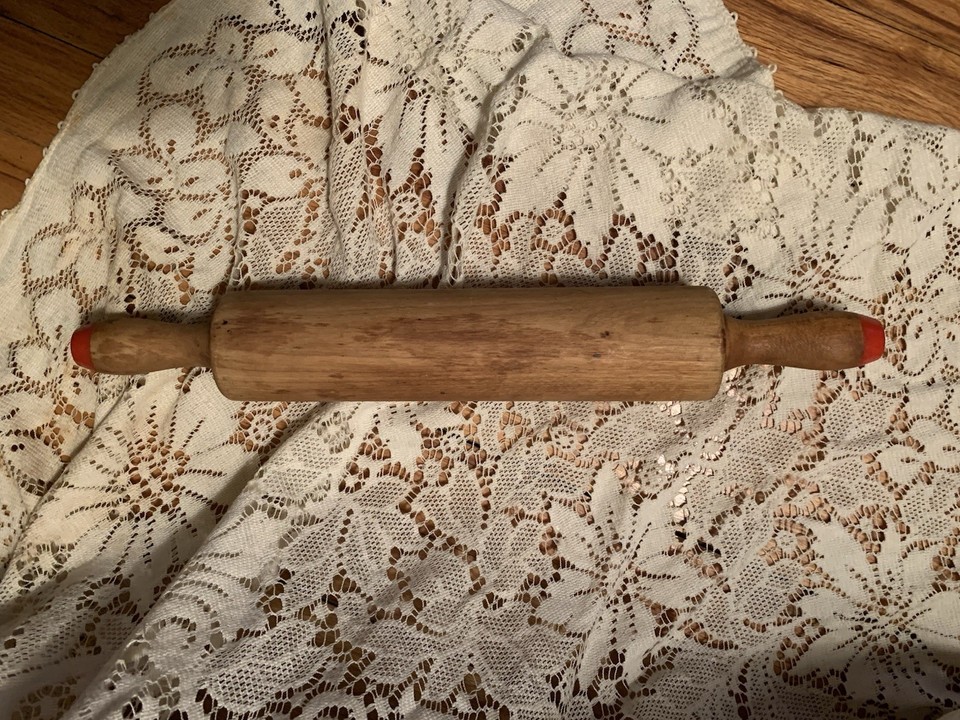 Vintage Wooden Rolling Pin Red Stripe Handle Rustic Farmhouse 16in L | eBay