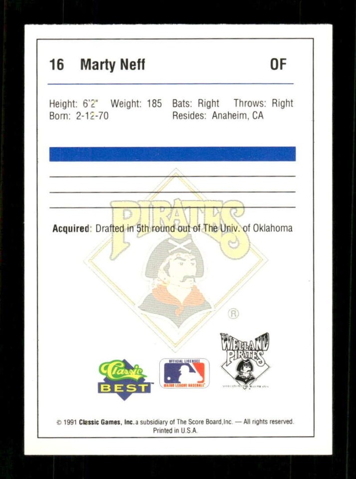 1991 Classic Best Welland Pirates 16 Marty Neff BXCP31 | eBay