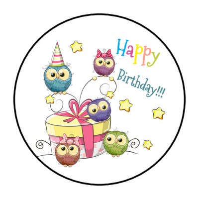 30 HAPPY BIRTHDAY OWLS STICKERS ENVELOPE SEALS LABELS 1.5" ROUND CUTE ...