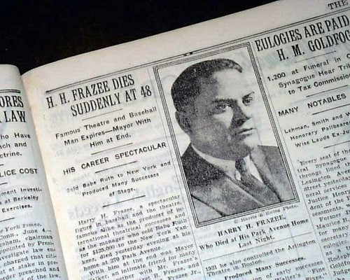HARRY FRAZEE Boston Red Sox Owner Sold Babe Ruth to Yankees DEATH 1929 ...