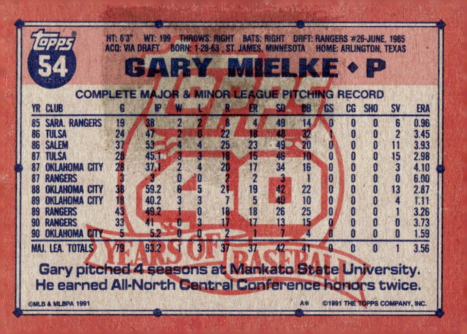 1991 Topps #54 Gary Mielke Dark Topps Logo Variation - Texas Rangers | eBay