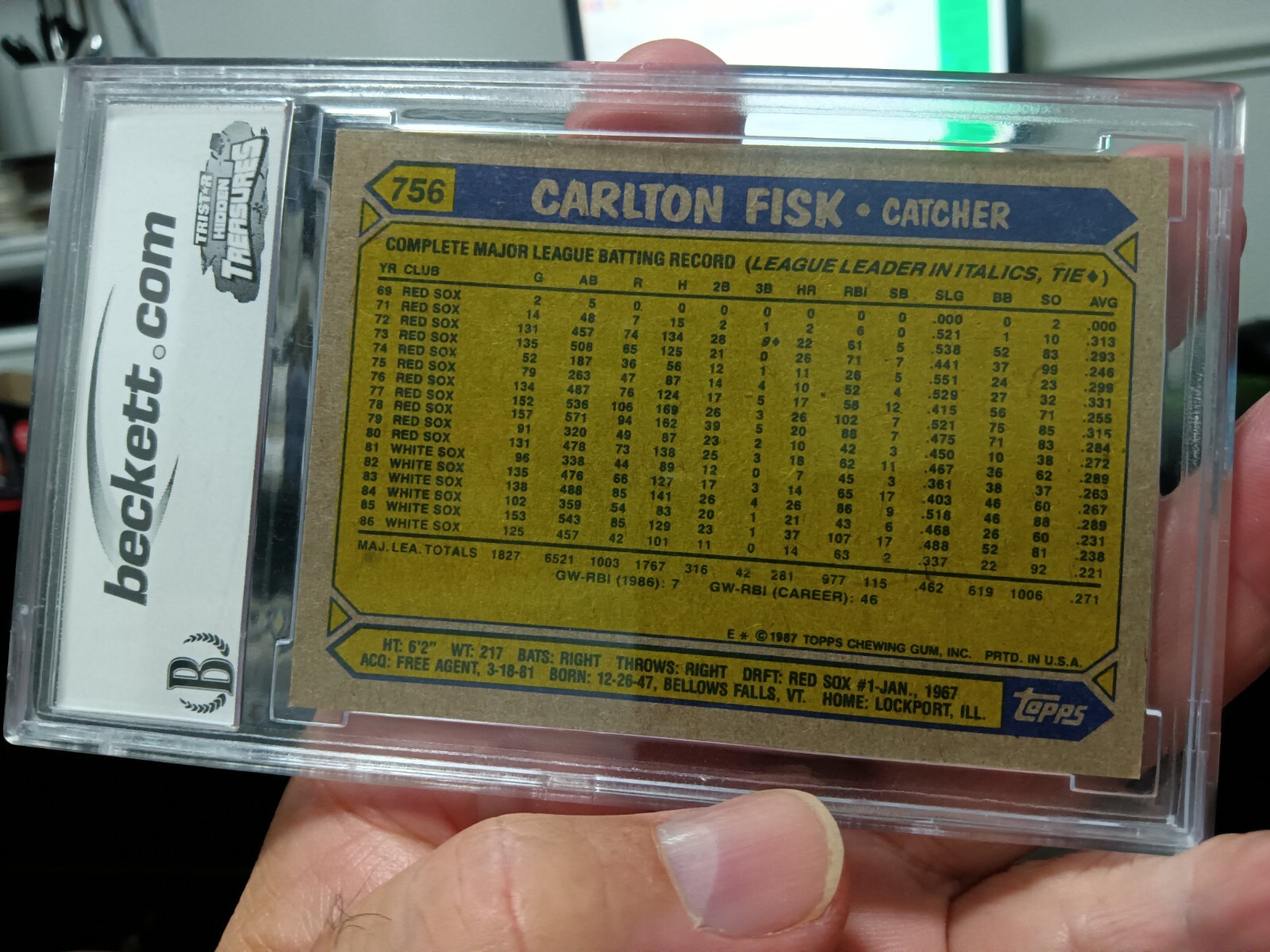 TOPPS 1987 #756 CARLTON FISK AUTHENTIC BCCG TOP RATER 10 MINT OR BETTER ...