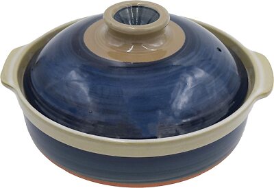 Banko ware Mishima Donabe Large 3-5pp Clay Pot Earthen RURI Blue Made ...