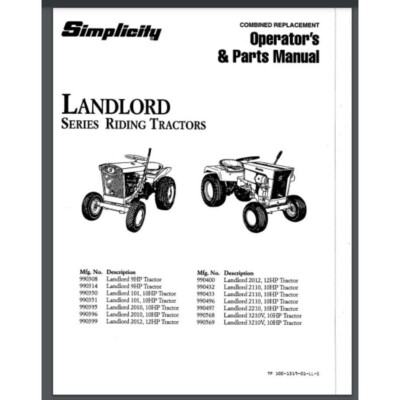 Simplicity Landlord 101 Tractor combined parts owner manual 990308 thru ...