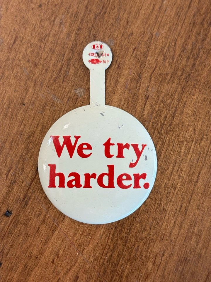 Vintage 1960's AVIS "We Try Harder" Fold Over Tab Pin/Buttons/Stickers ...