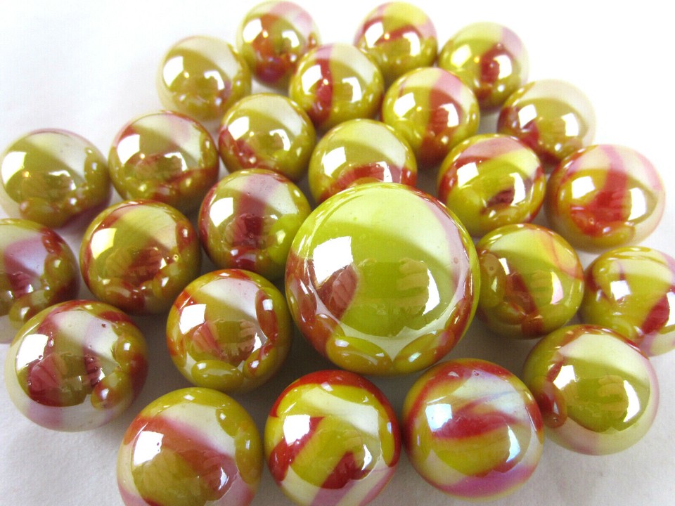 25 Glass Marbles SUN Fire RED/YELLOW Opal iridescent Shooter game style ...