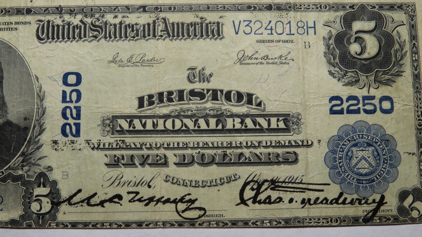 $5 1902 Bristol Connecticut CT National Currency Bank Note Bill! Ch ...