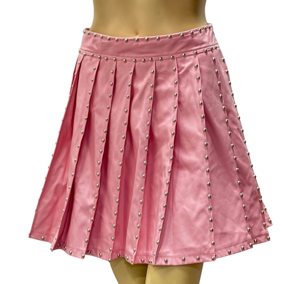 Kiwi Womens Pink Pleated Studded Skirt Faux Leather Mini Size L | eBay