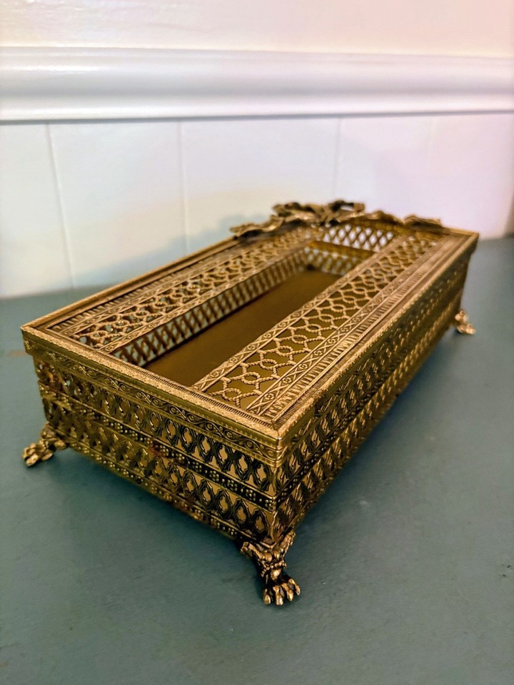 Ornate Gold Tone Filigree Tissue Box Cover Floral Corners Footed Vanity ...